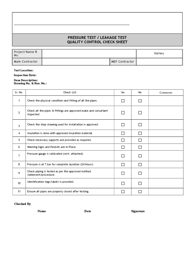Pressure Test Quality Control Checklist | PDF | Engineering | Building ...