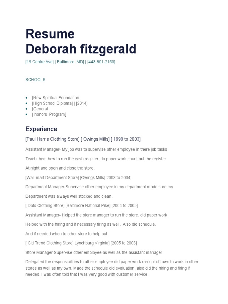 Retail Management Resume of Deborah Fitzgerald | PDF