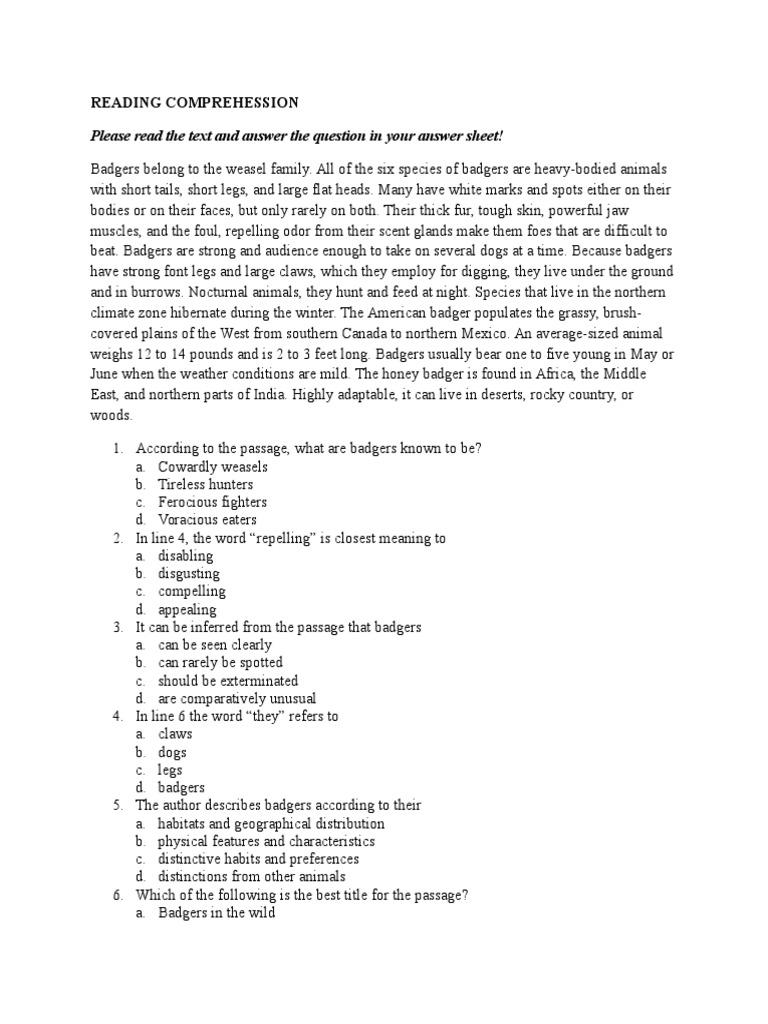 Reading Comprehension Test | PDF | Nature