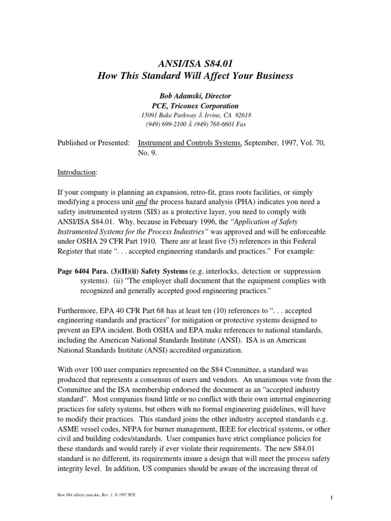 Ansi Isa S84.01 | Download Free PDF | Safety | Risk