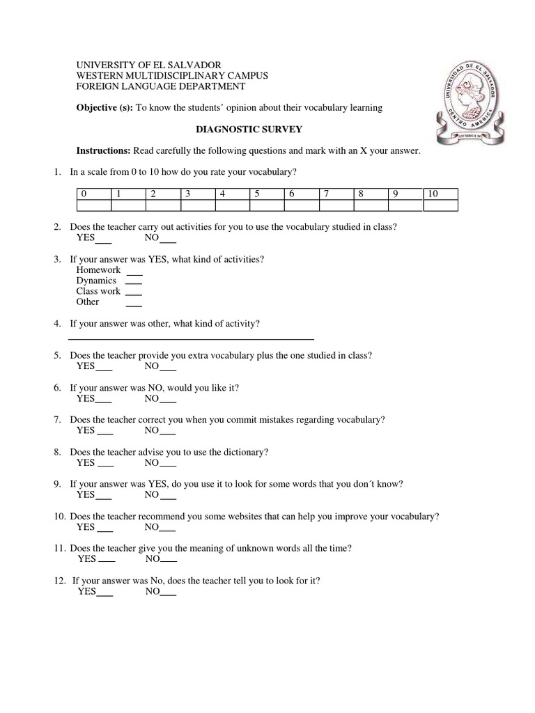 Diagnostic Survey | Download Free PDF | Vocabulary | Pedagogy
