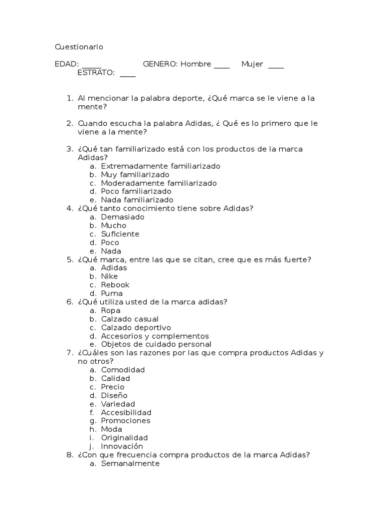 Cuestionario Adidas | PDF | Adidas | Publicidad