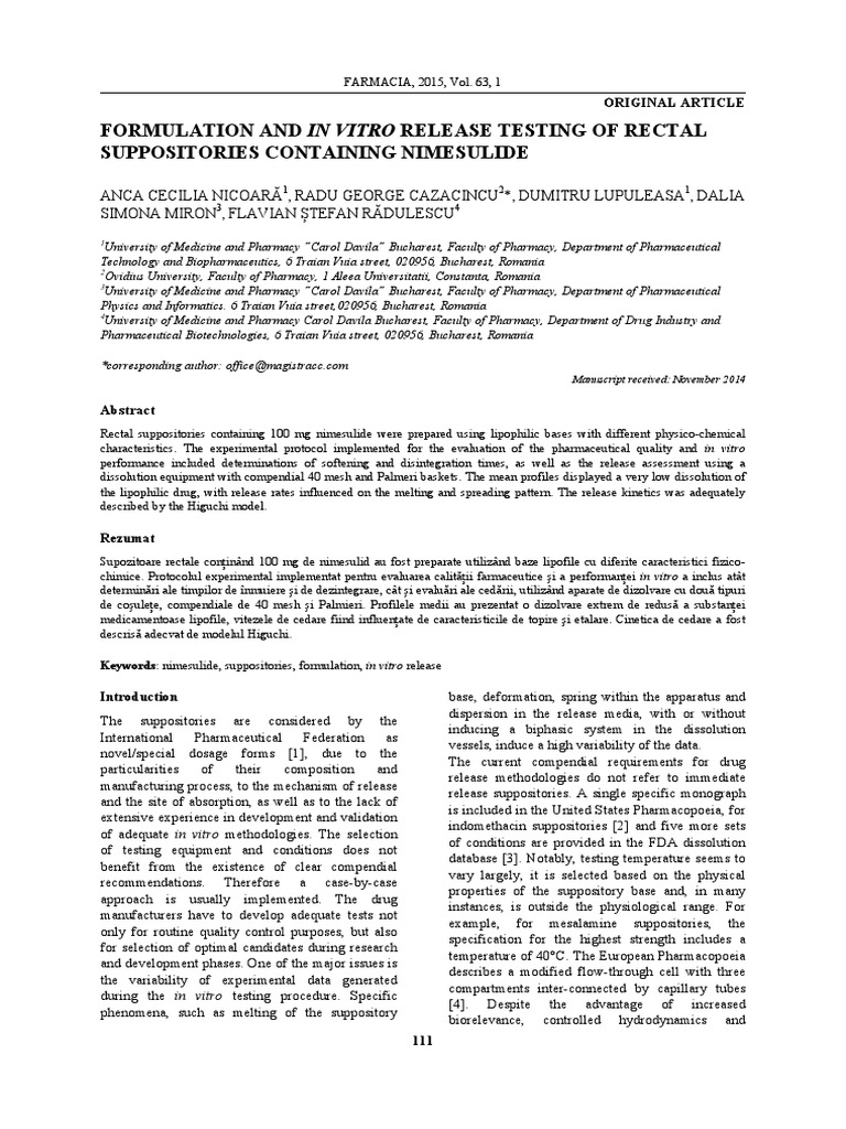 Formulation And In Vitro Release Testing Of Rectal Suppositories Containing Nimesulide Pdf