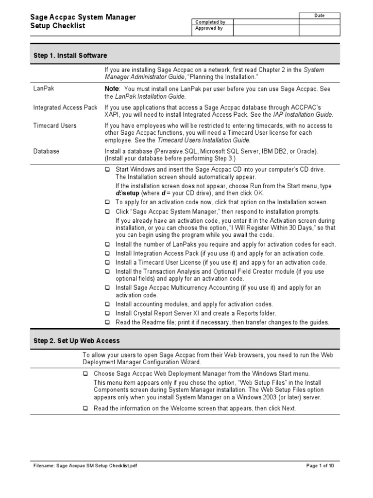 Accpac - Guide - Checklist For SM PDF | PDF | Databases | Web Server