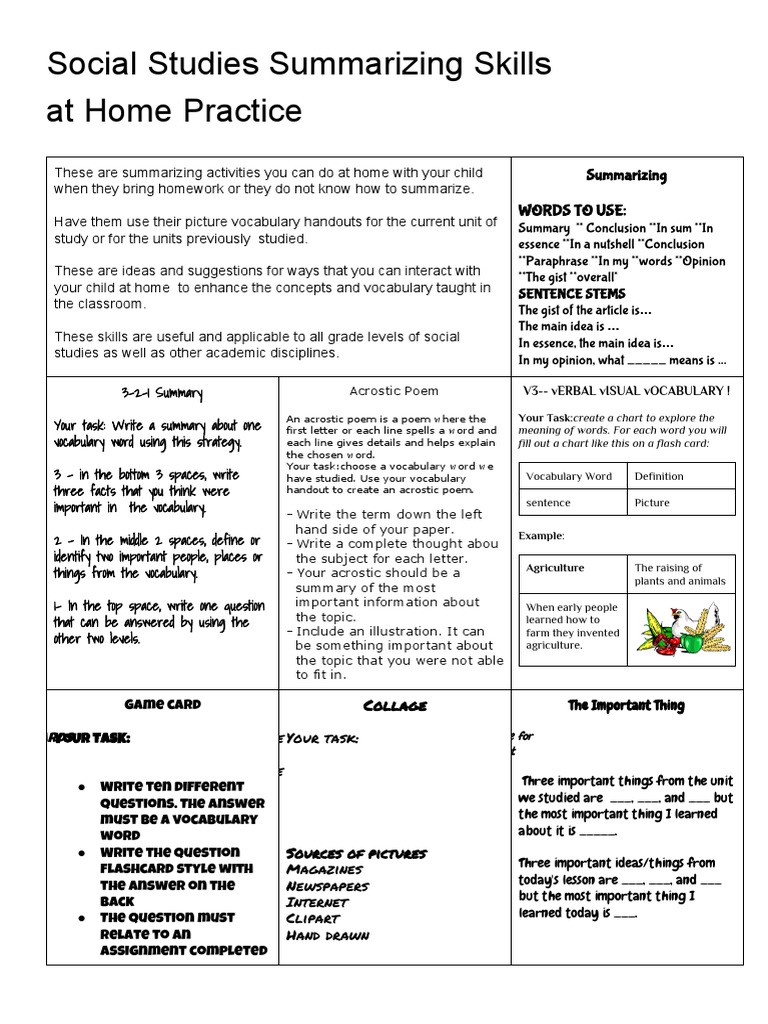 Social Studies Summarizing Skills at Home Practice: Summarizing Words ...