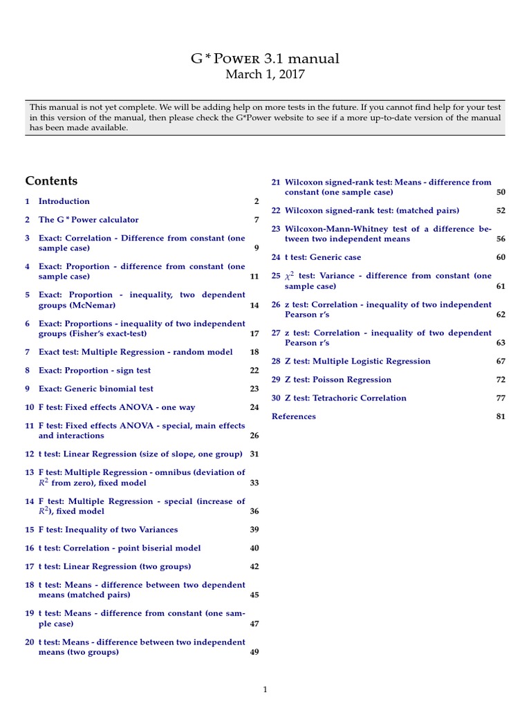 G Power Manual | PDF | Statistical Power | Effect Size