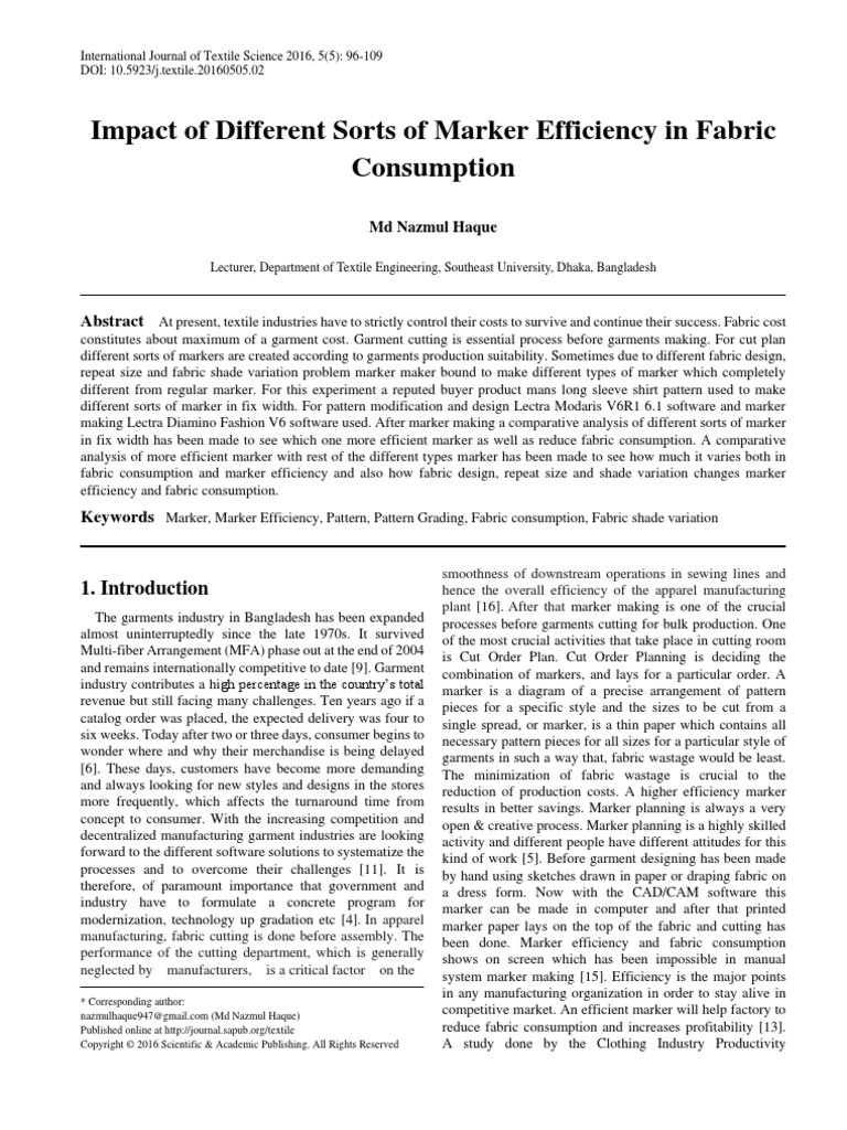 Impact of Different Sorts of Marker Efficiency in Fabric Consumption ...