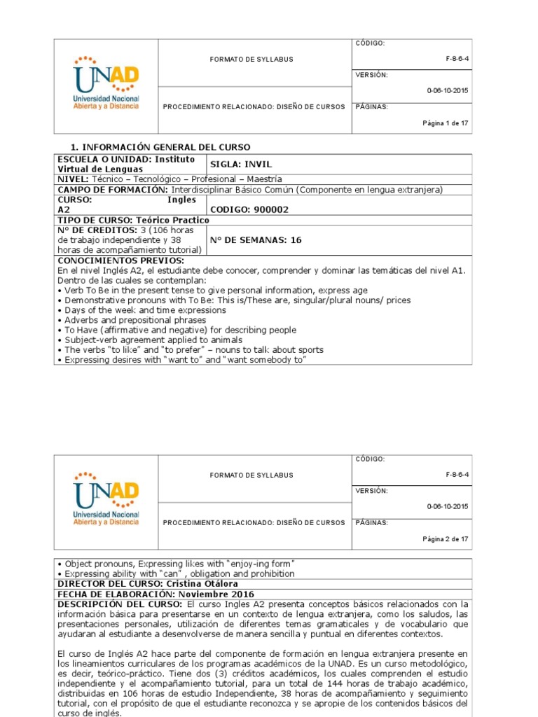 Course Syllabus English A2-2017 | PDF | Lingüística | Semiótica