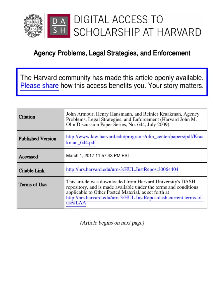 Agency Problems, Legal Strategies, and Enforcement - John Armour, Henry ...