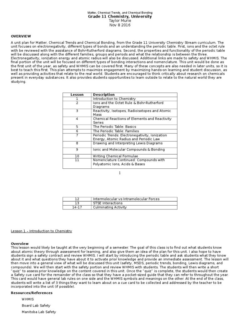 Grade 11 Chemistry Unit Plan: Matter & Bonding | PDF | Chemical ...