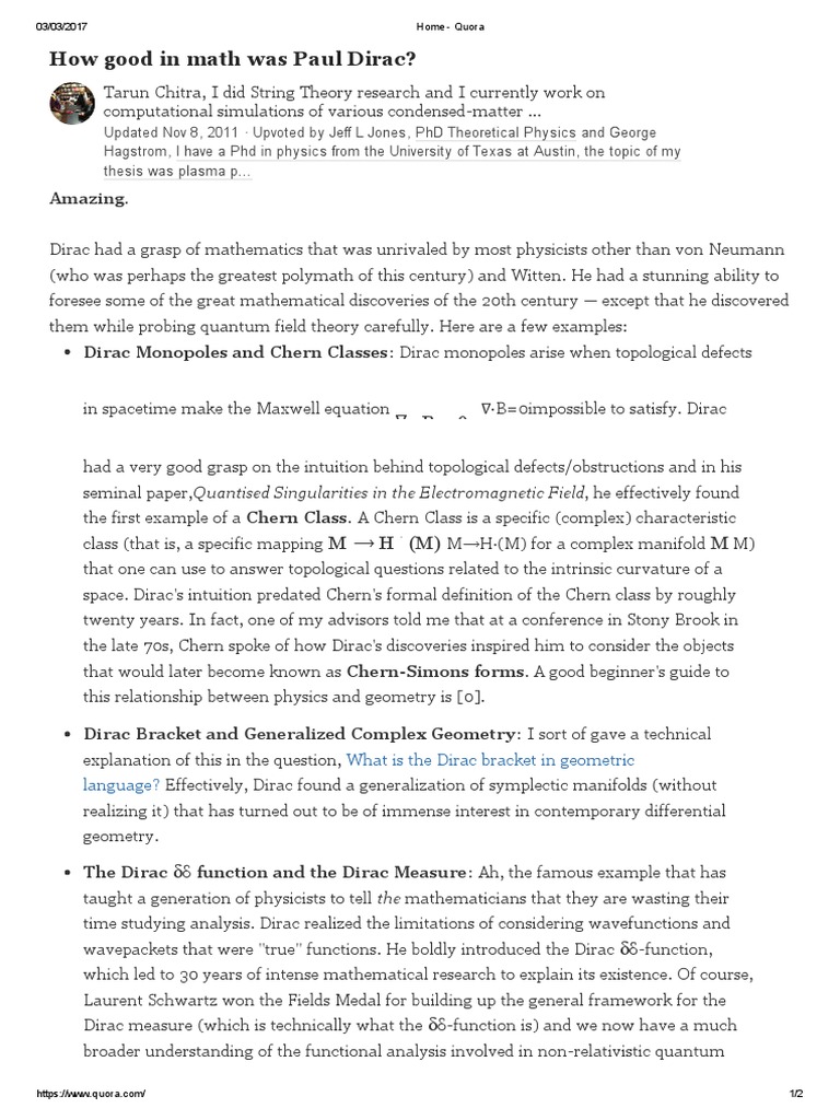 How Good in Math Was Paul Dirac | PDF | Field (Physics) | Teaching ...