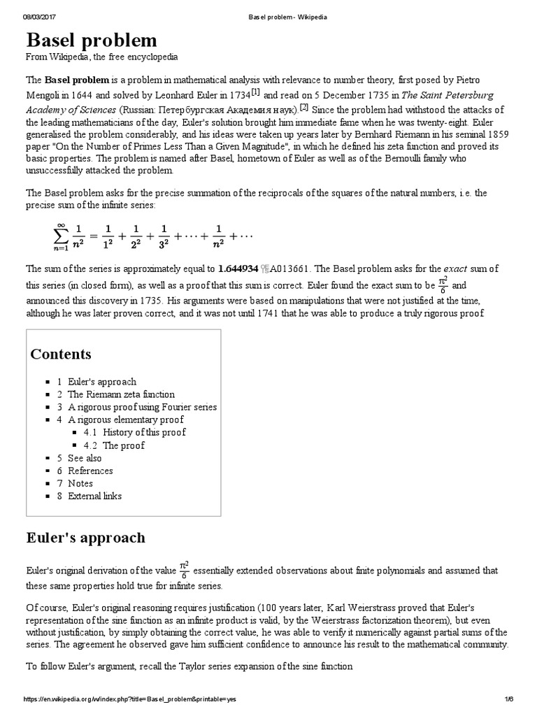 Basel problem - Wikipedia.pdf | Numbers | Physics & Mathematics