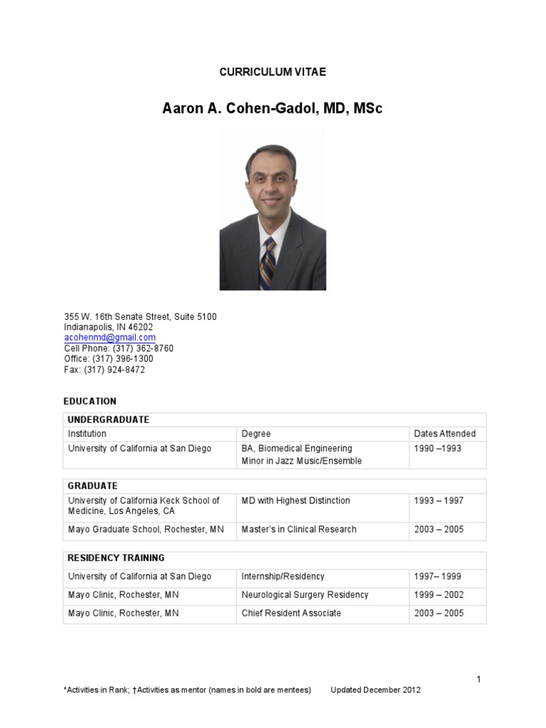 Aaron Cohen-Gadol CV | PDF | Neurosurgery | Neurology