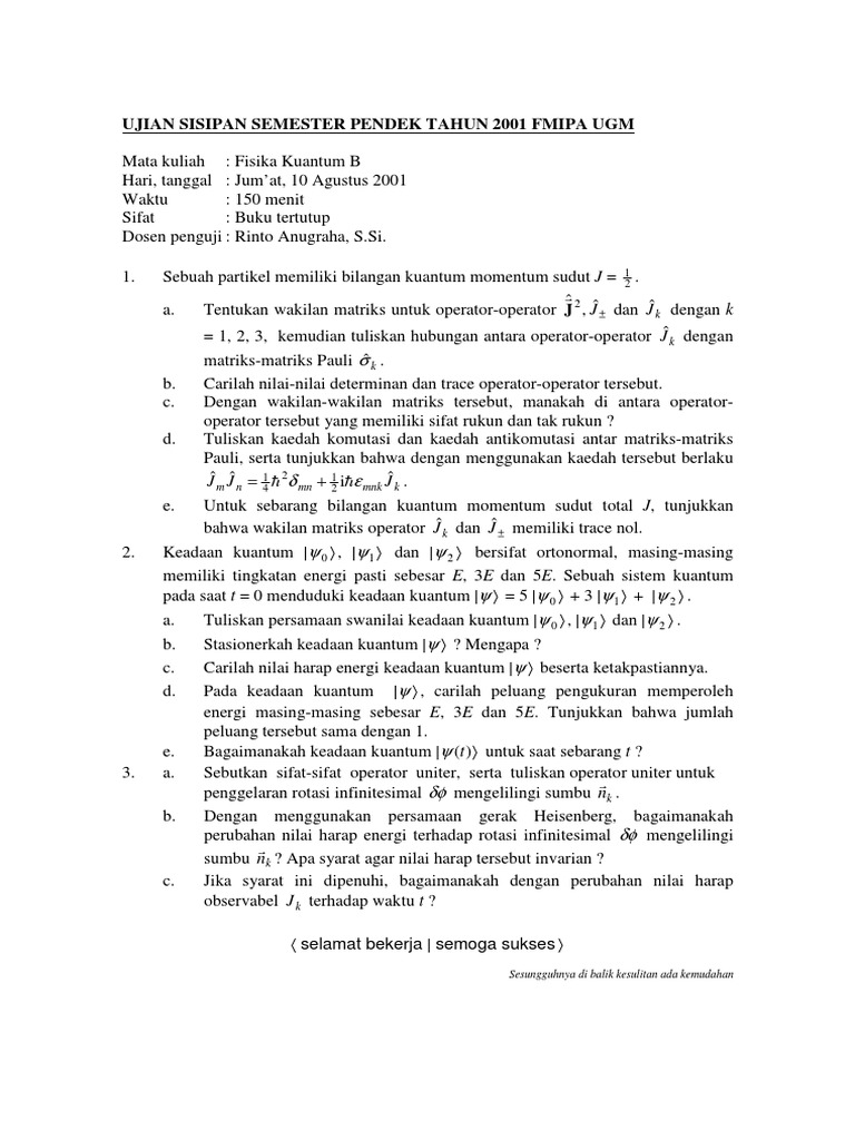 UTS SP Fisika Kuantum B S1 2000 2001 | PDF | Sains & Matematika
