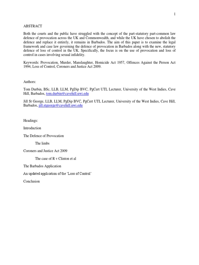 Barbados Provocation Defence Analysis | PDF | Manslaughter | Infidelity