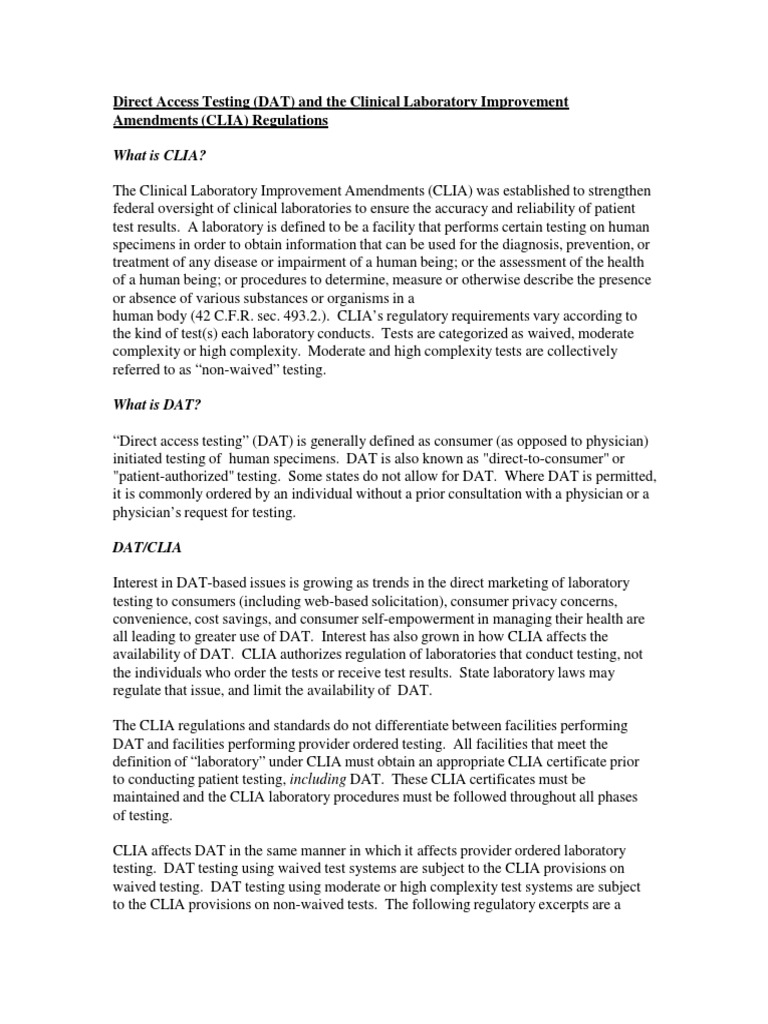 CLIA Regulations for Direct Access Testing (DAT | PDF | Medical ...