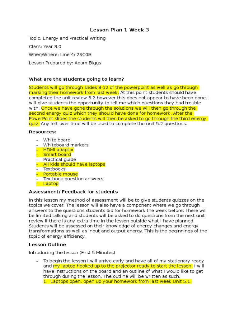 Lesson Plan 1 Week 3 | PDF | Lesson Plan | Homework