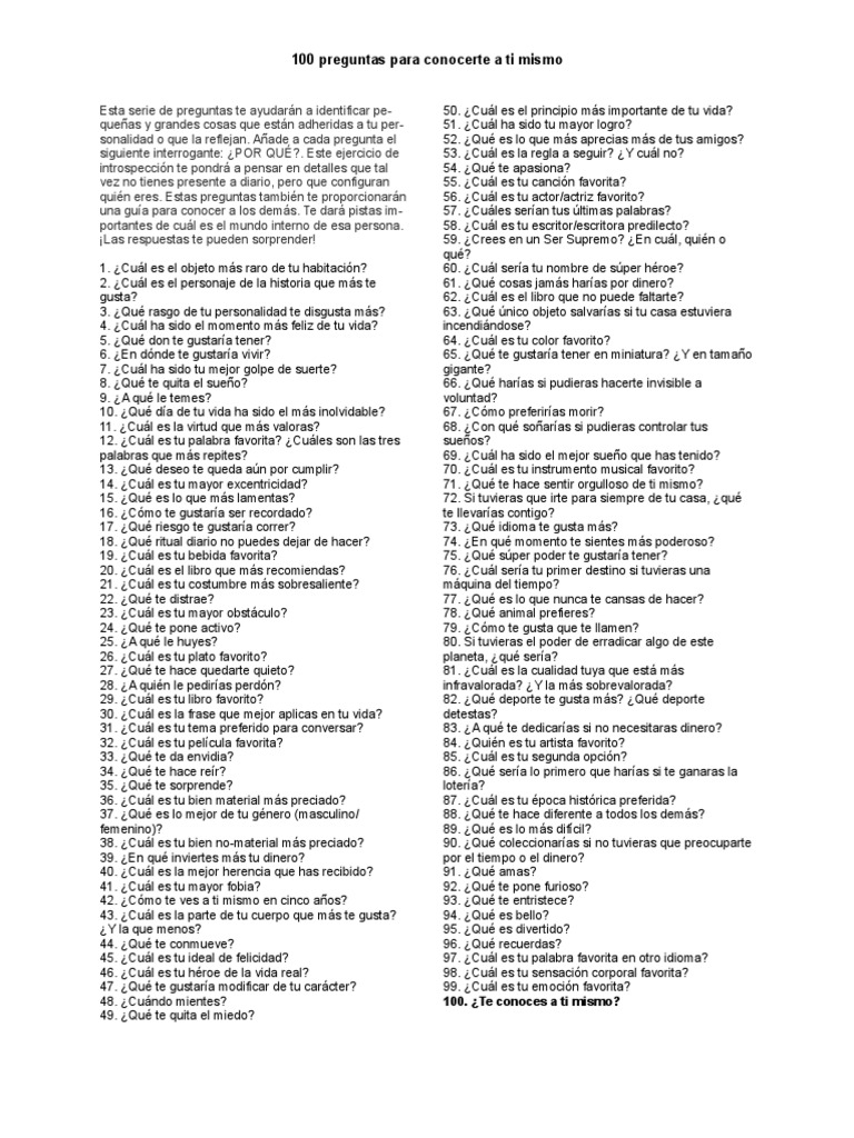 100 Preguntas para Conocerte A Ti Mismo | PDF | Ocio