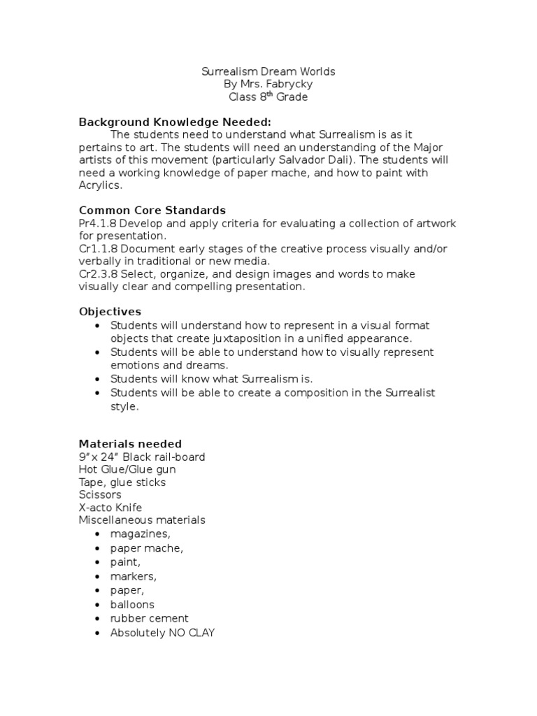 Surrealism Dream Worlds Lesson Plan | PDF | Dream | Surrealism