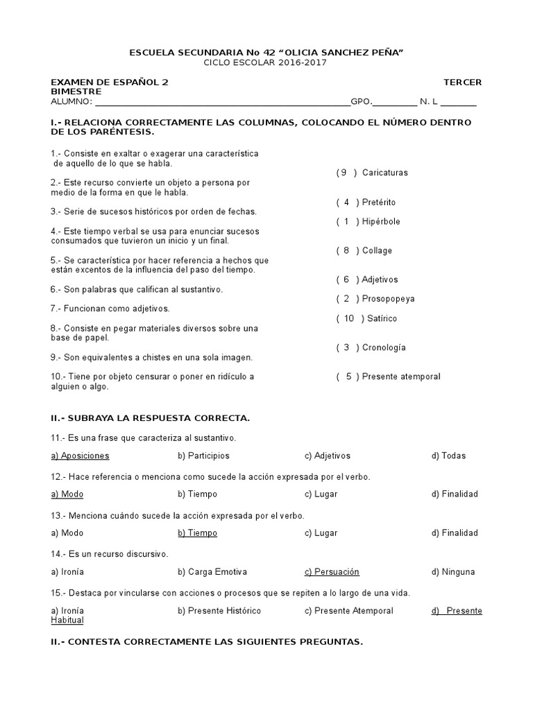 Examen Español 3er Bimestre (Segundo Grado) - CONTESTADO | Verbo ...