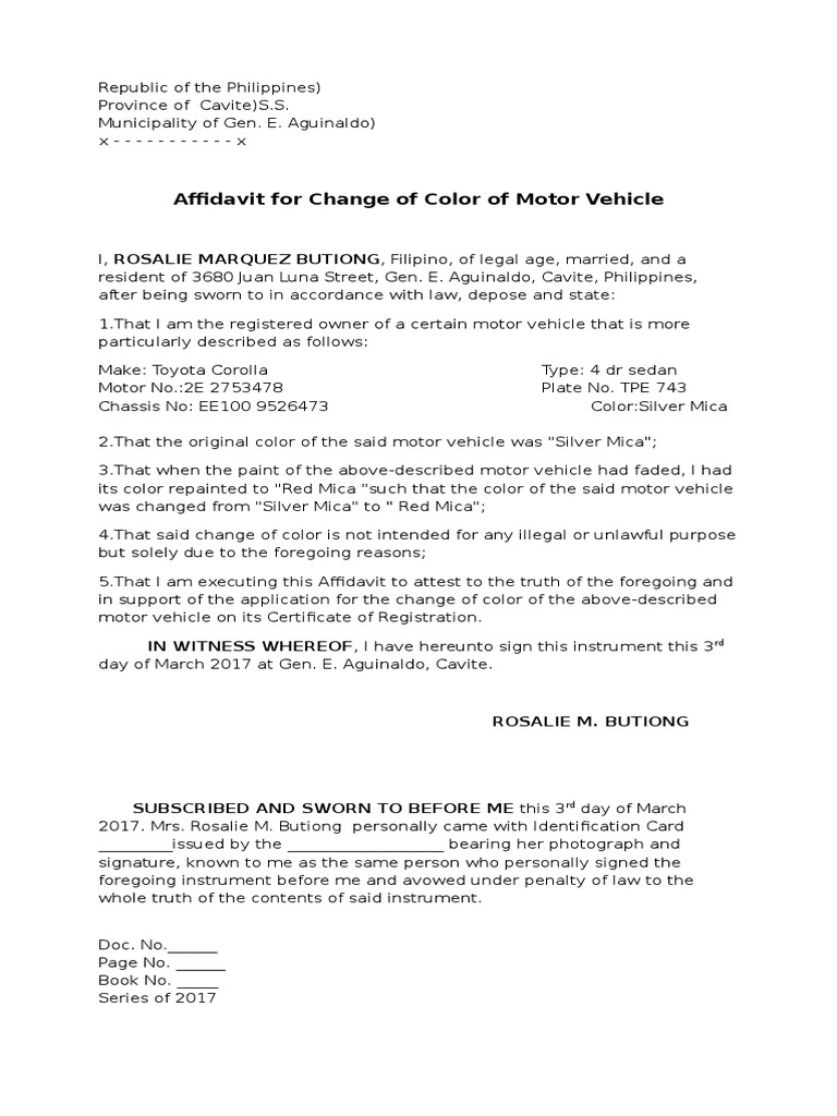 Affidavit For Change of Color of Motor Vehicle: Rosalie M. Butiong | PDF