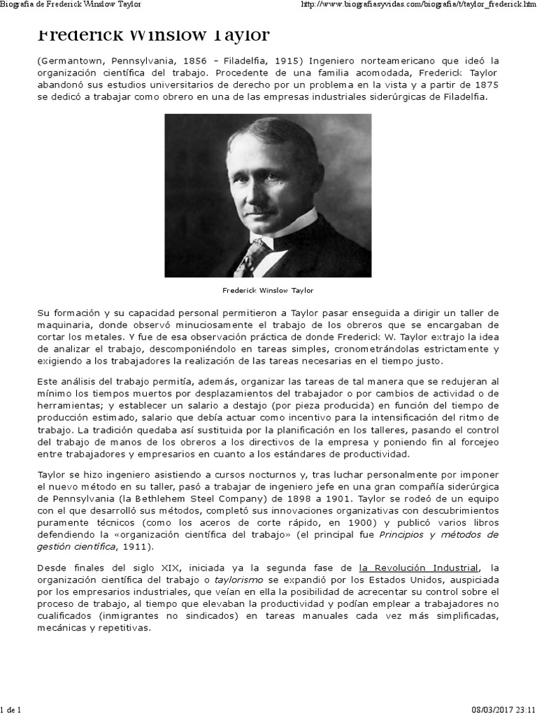 Biografia de Frederick Winslow Taylor | PDF | Business | Economias