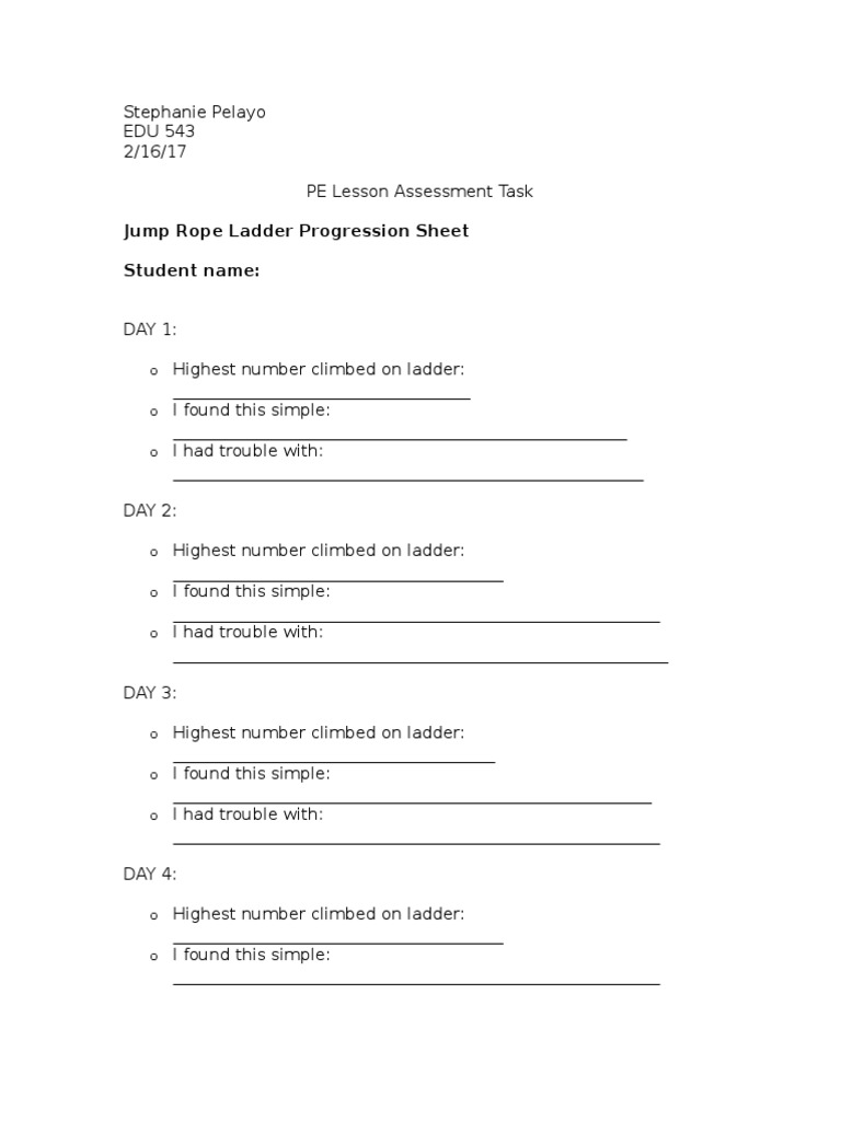 Jump Rope Ladder Progression Sheet Student Name | PDF