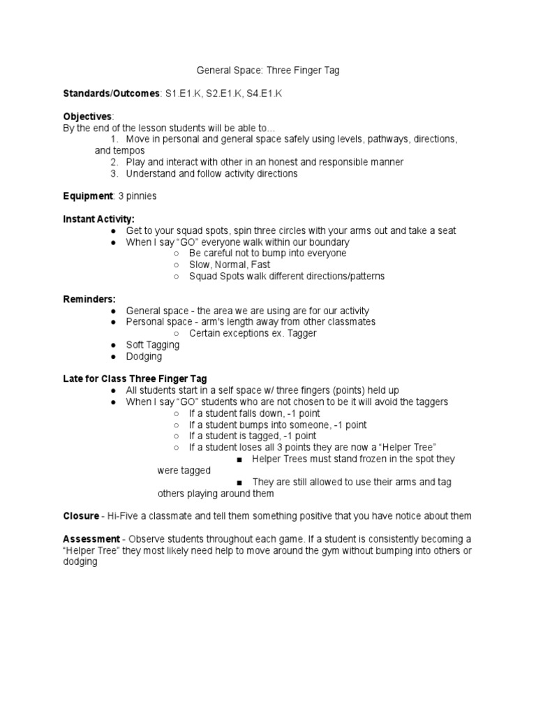 Three Finger Tag Lesson Plan | PDF | Cognition | Psychological Concepts