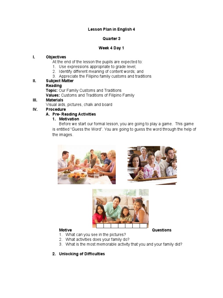 Lesson Plan: Family Customs in English 4 | PDF | Lesson Plan | Reading ...