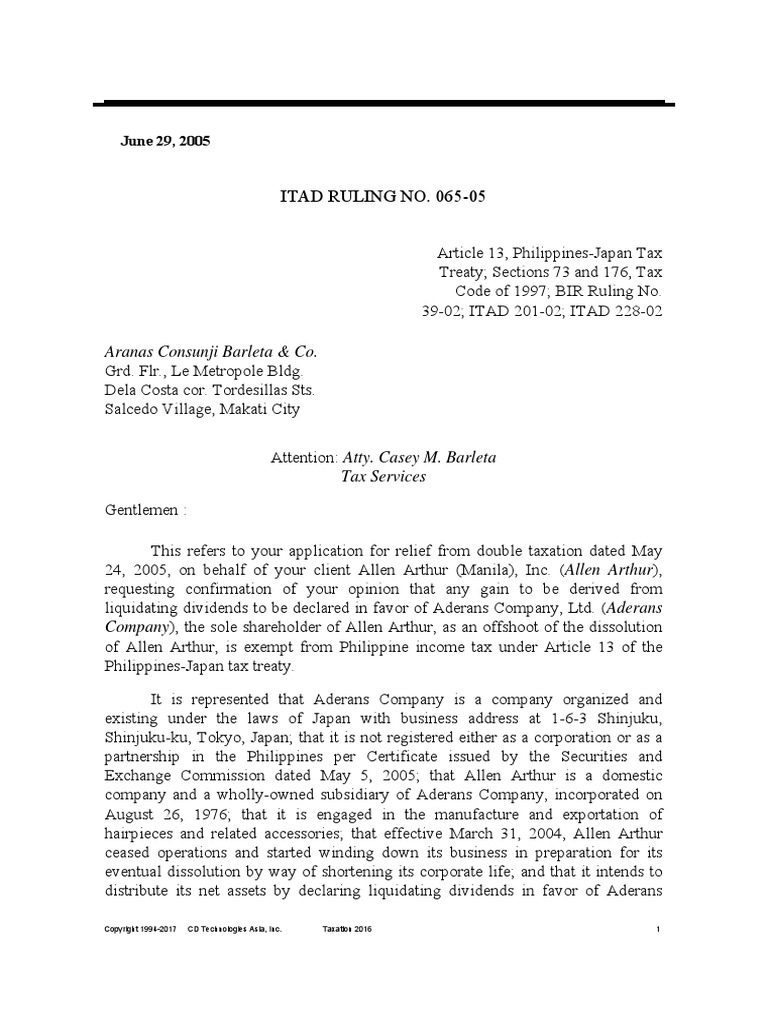 Itad Bir Ruling No. 065-05 | PDF | Taxation In The United States | Dividend