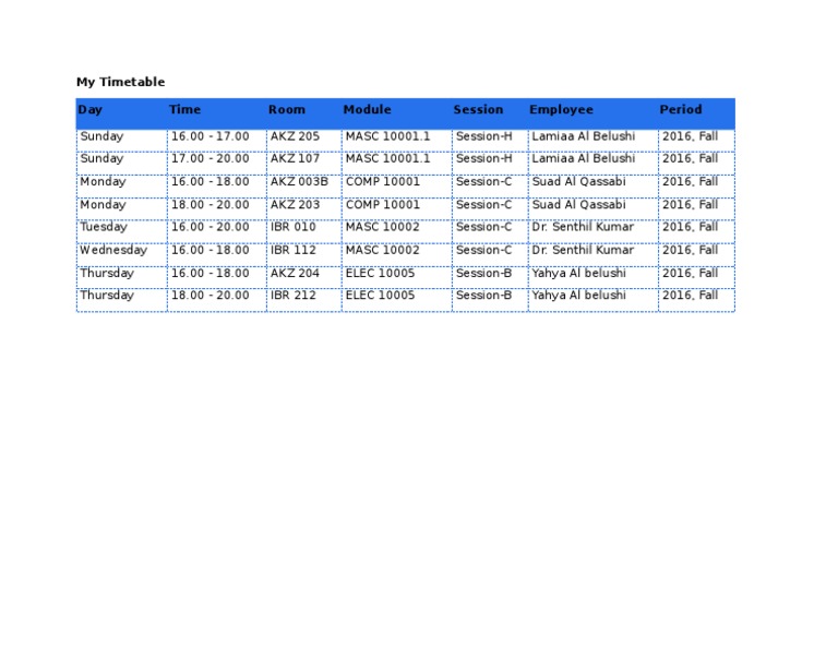 My Timetable Day Time Room Session Employee Period | PDF
