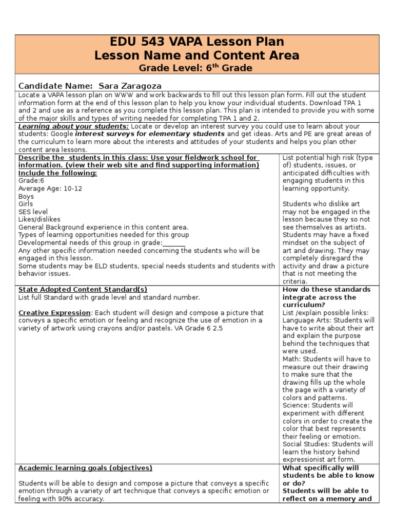 EDU 543 VAPA Lesson Plan Lesson Name and Content Area: Grade Level: 6 ...