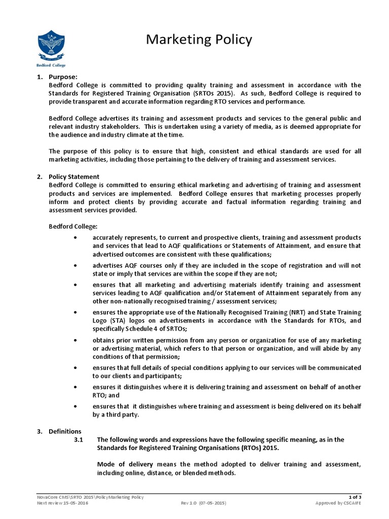 Marketing Policy: 1. Purpose | PDF | Records Management | Marketing