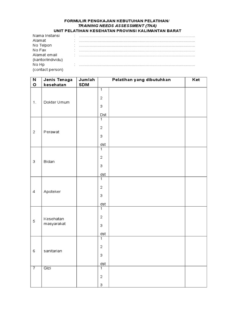 Formulir TNA Pelatihan Kesehatan Kalbar | PDF