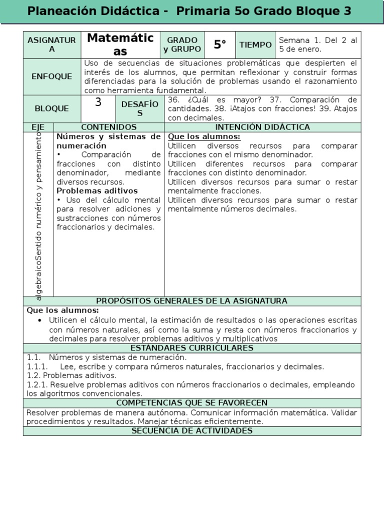 Plan 5to Grado - Bloque 3 Matemáticas (2016-2017) | PDF | División (Matemáticas) | Fracción ...