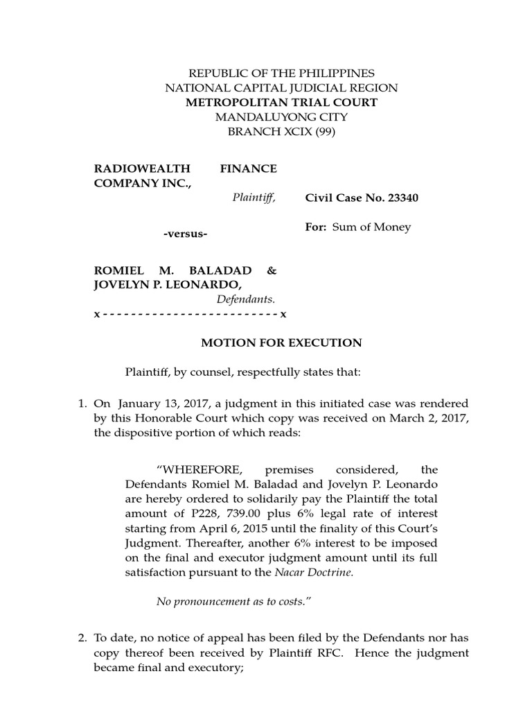 Motion For Execution - Baladad | PDF | Judgment (Law) | Lawsuit