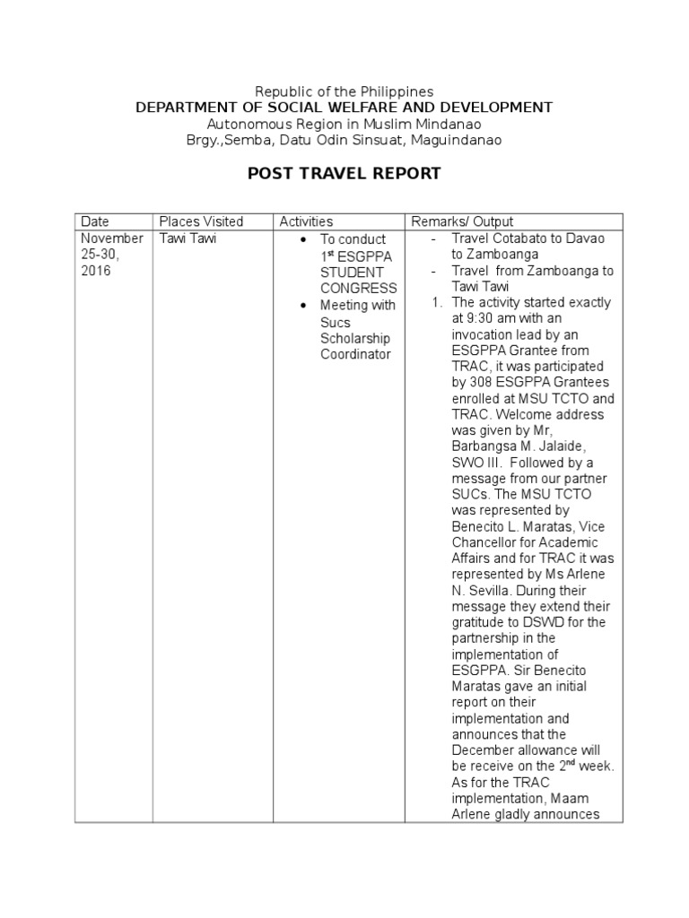 Post Travel Report: Department of Social Welfare and Development | PDF