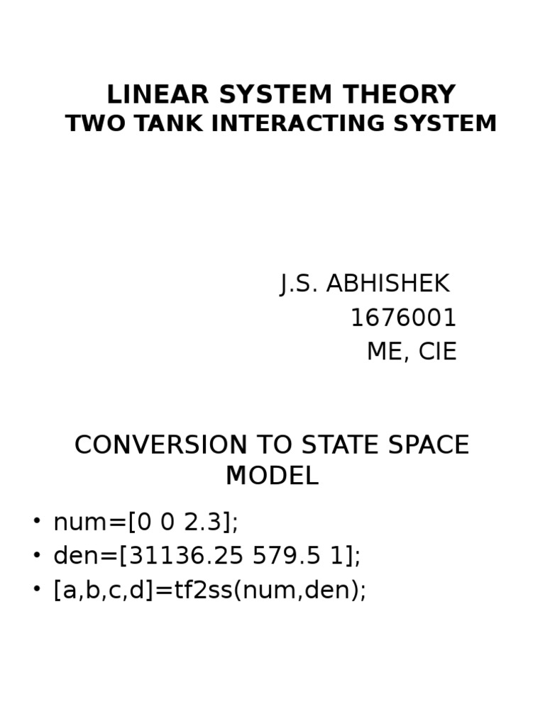 Linear System Theory: Two Tank Interacting System | PDF