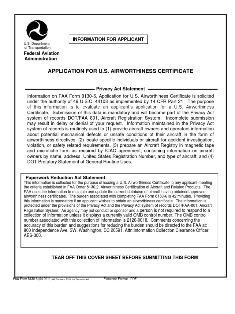 Faa Form 8130-6 | PDF | Federal Aviation Administration | Aviation Faa Form 8130-6 | PDF | Federal Aviation Administration | Aviation