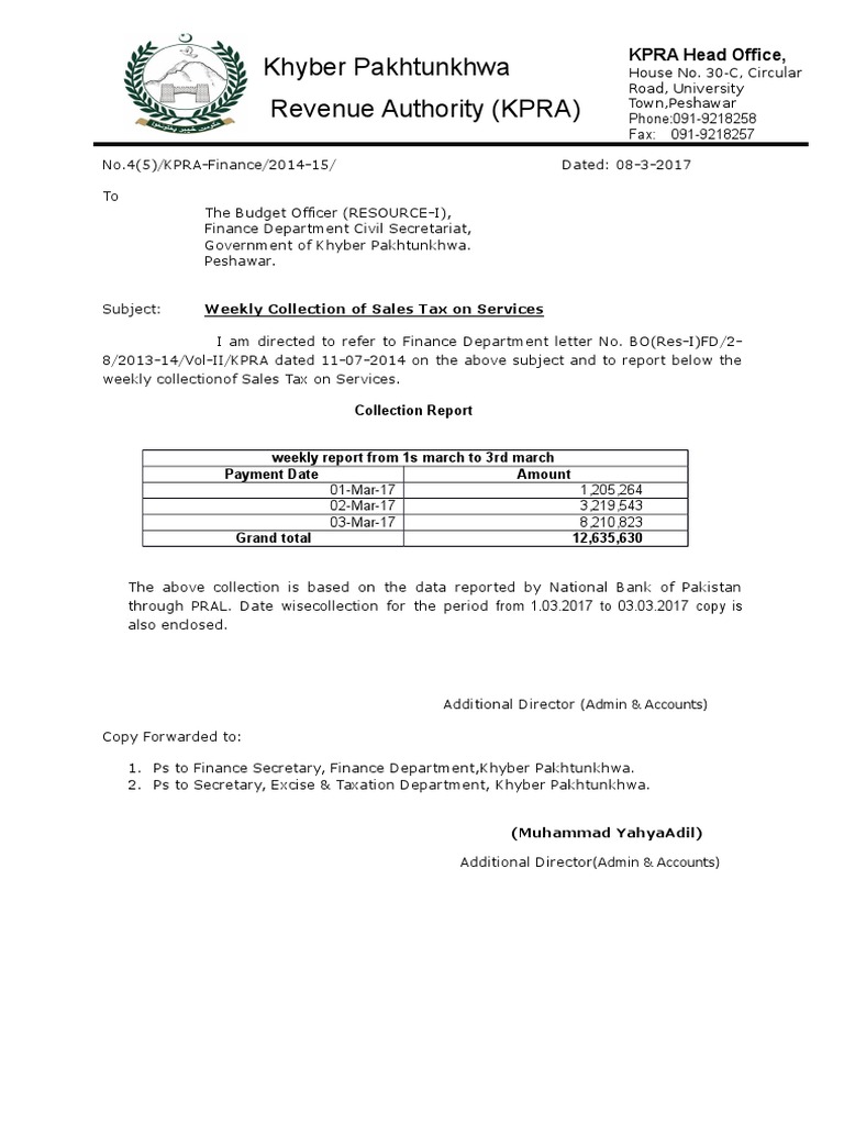 Khyber Pakhtunkhwa Revenue Authority (KPRA) : Weekly Collection of ...