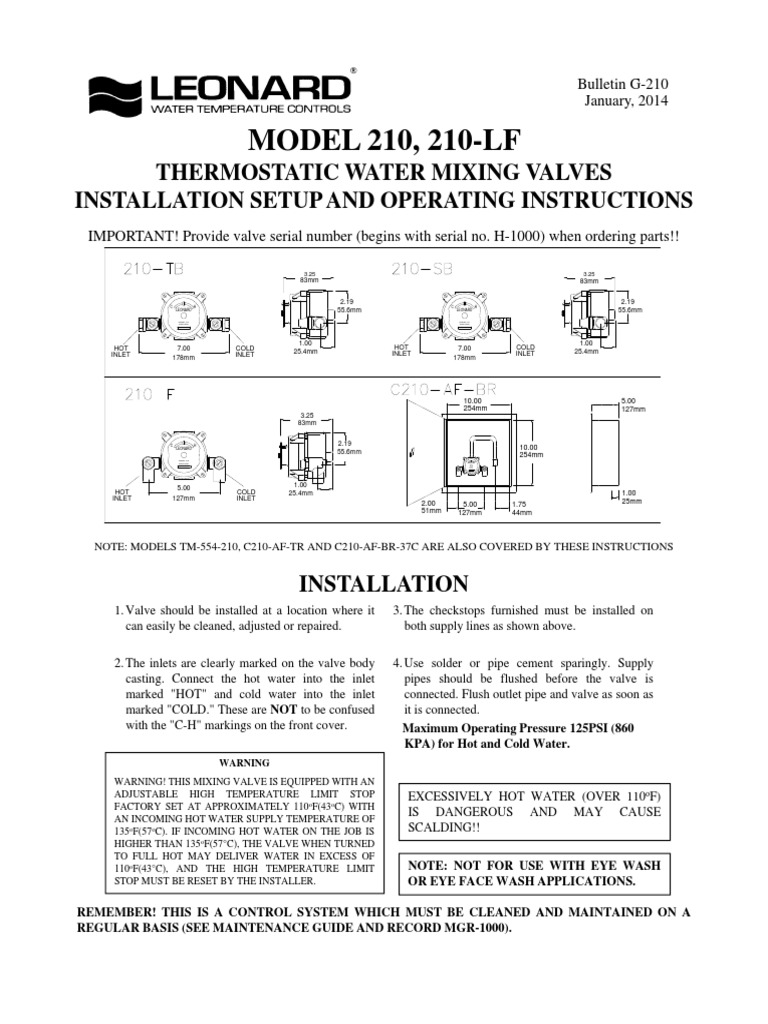 MODEL 210, 210-LF: Thermostatic Water Mixing Valves Installation Setup ...
