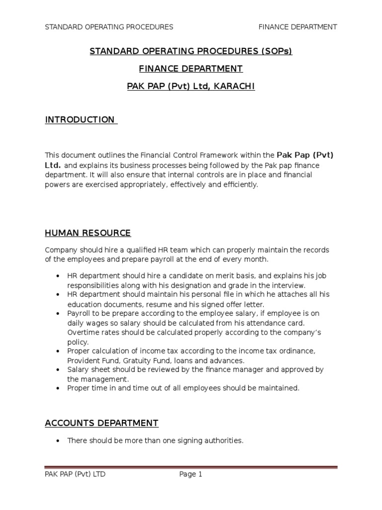Standard Operating Procedures (Sops) Finance Department Pak Pap (PVT ...
