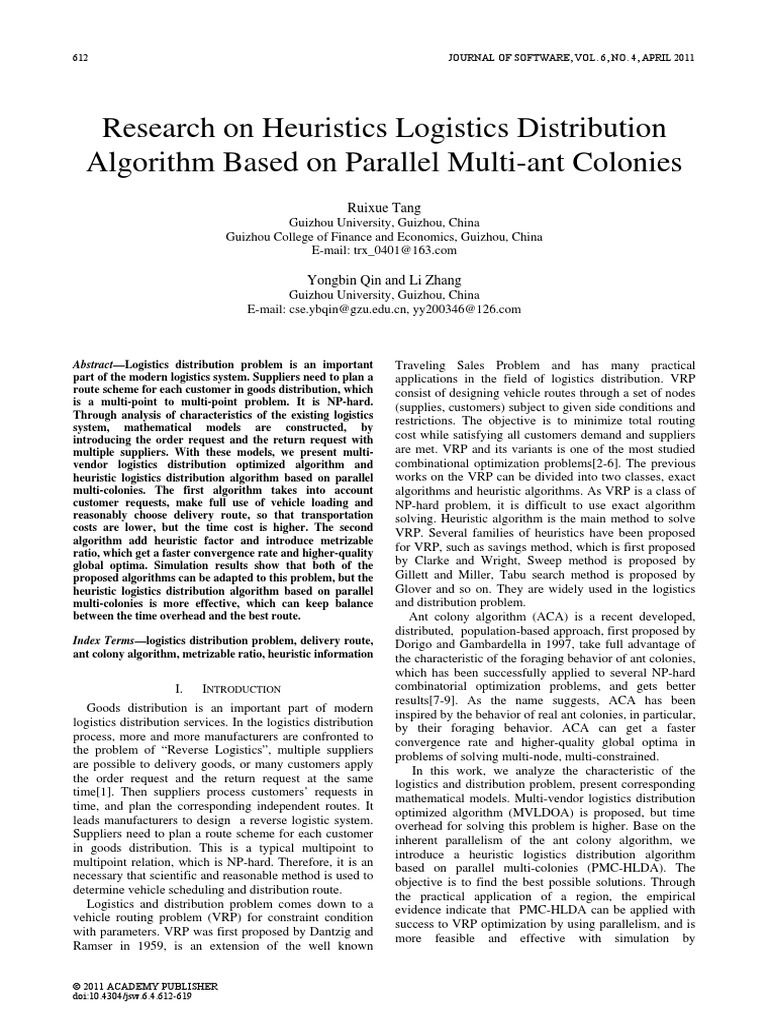 Research On Heuristics Logistics Distribution Algorithm Based On Parallel Multi Ant Colonies Pdf