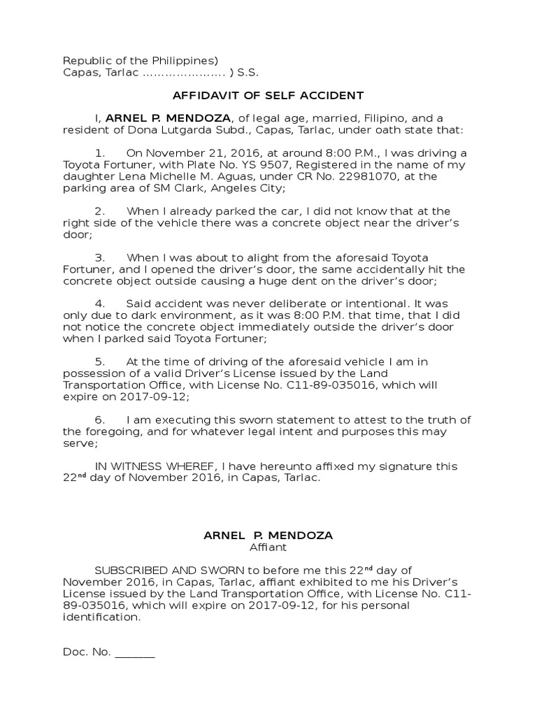 Affidavit of Self Accident