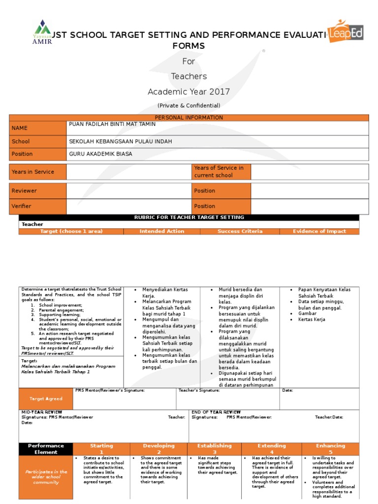 Trust School Target Setting and Performance Evaluation Forms | Download ...