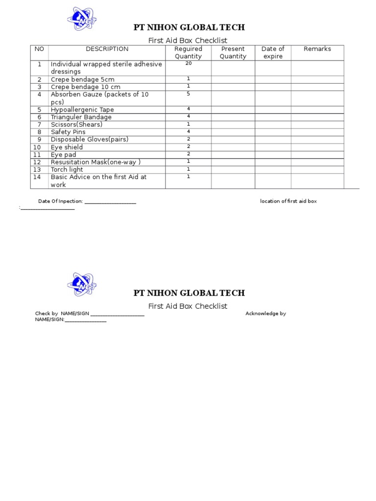 PT Nihon Global Tech: First Aid Box Checklist | PDF