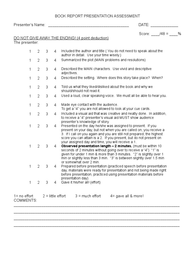 Book Report Presentation Assessment | PDF | Business