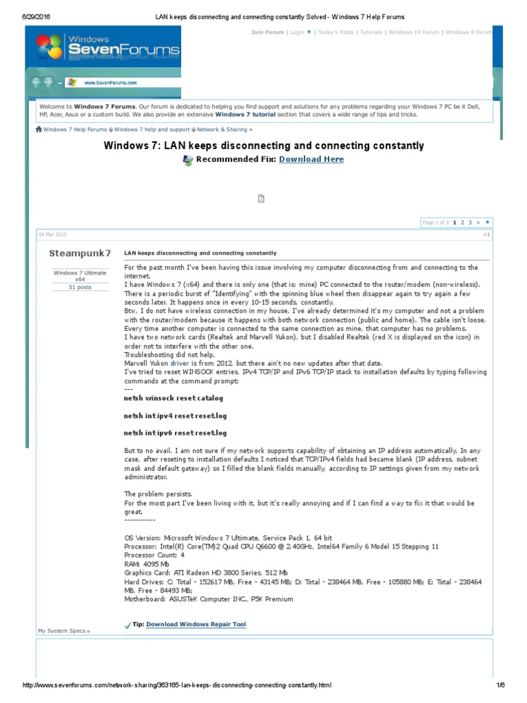 LAN Keeps Disconnecting and Connecting Constantly Solved - Windows 7 ...