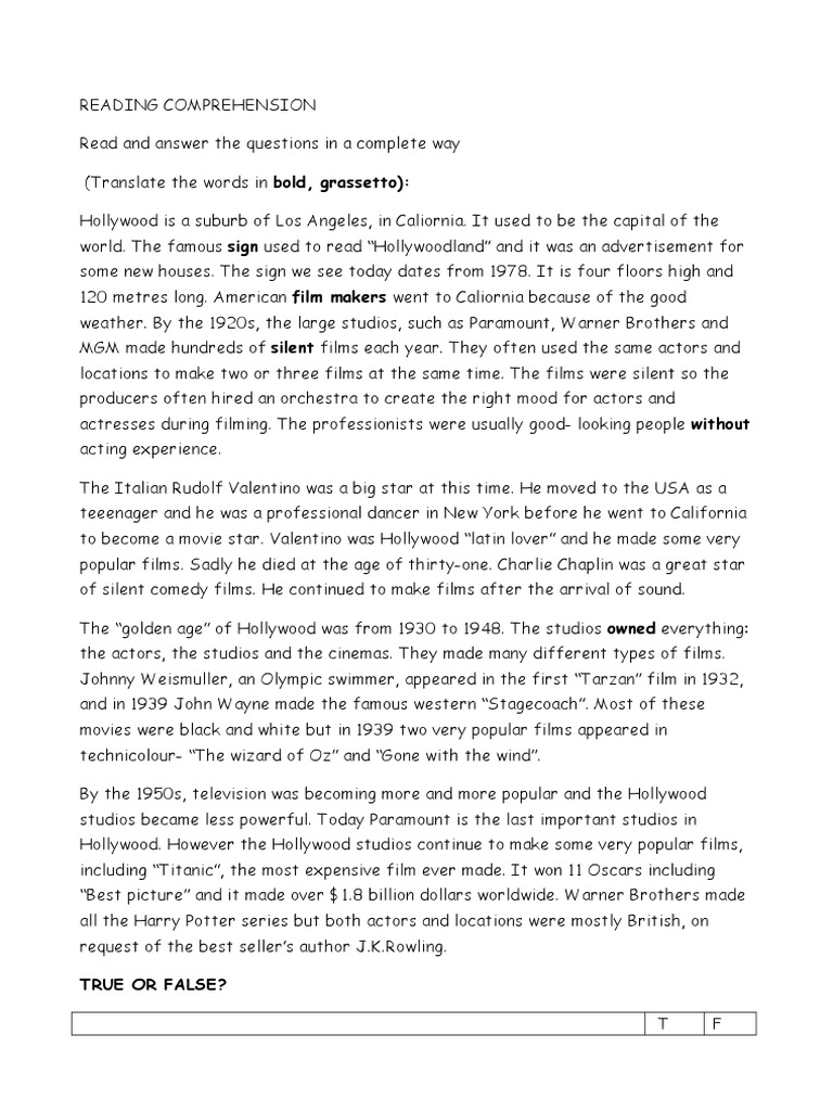 American Cinema Reading Comprehension | PDF | Cinema Of The United ...