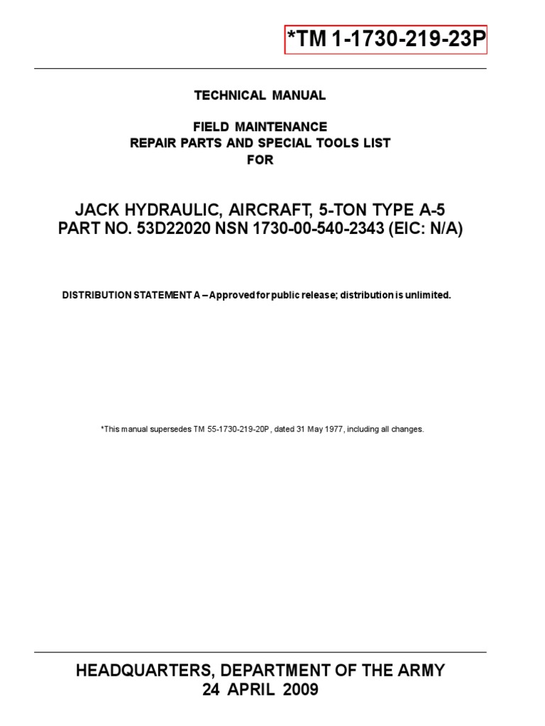 Jack Hydraulic, Aircraft, 5-Ton Type A-5 PART NO. 53D22020 NSN 1730-00-540-2343 (EIC: N/A) | PDF